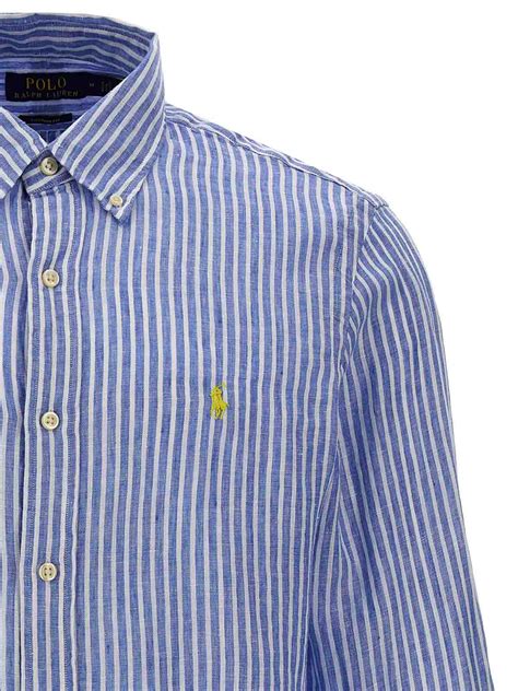 Polo Ralph Lauren Linen Striped Curved Hem Long Sleeve Shirt In
