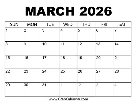 Month Of March Calendar 2026 Free Printable Templates