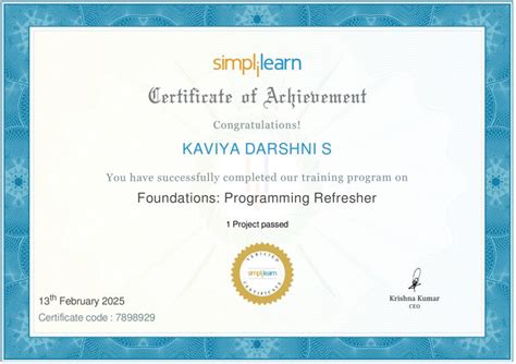 Programming Learning Simplilearn Certificate Techskills Kaviya Darshni S