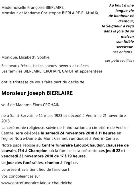 Avis De Décès De Joseph Bierlaire Décédé Le 21 11 2018 à Vedrin Annonce Condoléances Fleurs