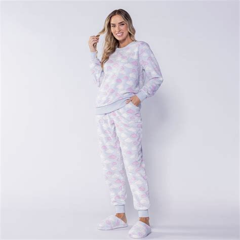 Pijama Feminino Longo Em Fleece Magic Sky Camila Moretti Azul Claro
