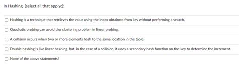 Solved In Hashing Select All That Apply Hashing Is A