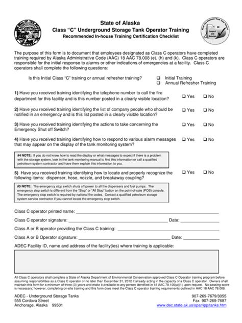 Alaska Class C Underground Storage Tank Operator Training Recommended In House Training