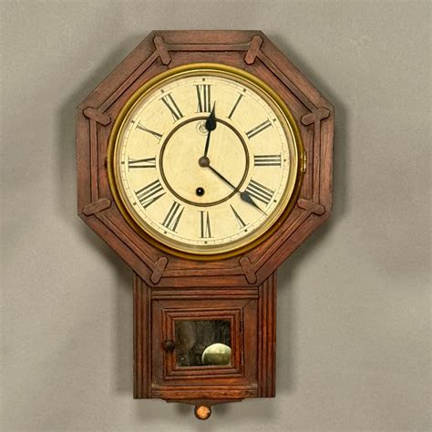 Lot 243 Oak Schoolhouse Wall Clock Time Only Cracked Glass Key And