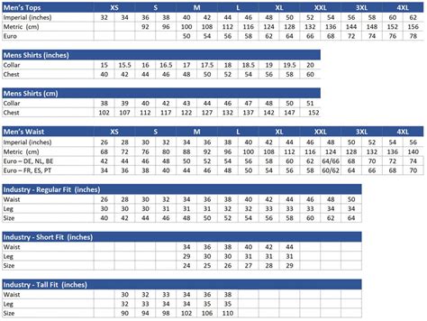 Workwear Size Guides