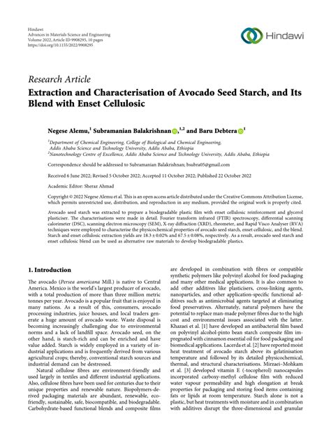 Pdf Extraction And Characterisation Of Avocado Seed Starch And Its Blend With Enset Cellulosic