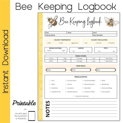 Bee Keeping Logbook Template Beekeeping Inspection Checklist Etsy