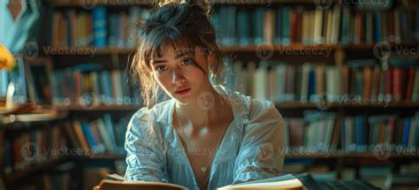Ai Generated Young Woman Sits In Library Reading Book 40711318 Stock