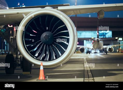 Close Up Of Jet Engine Of Plane At Airport Preparation Of Airplane