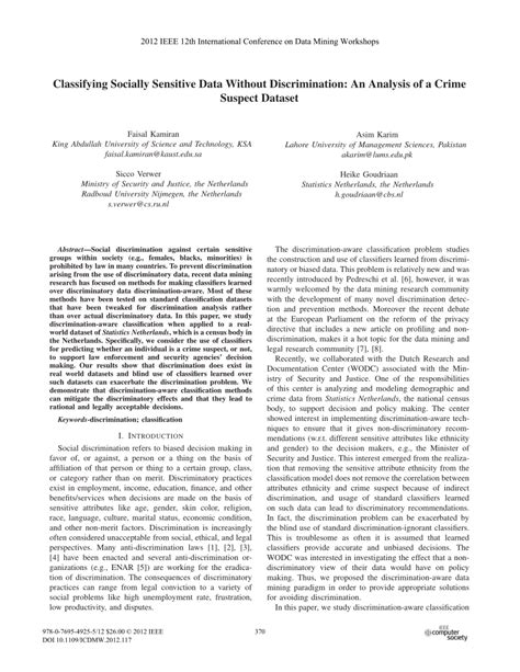Pdf Classifying Socially Sensitive Data Without Discrimination An Analysis Of A Crime Suspect