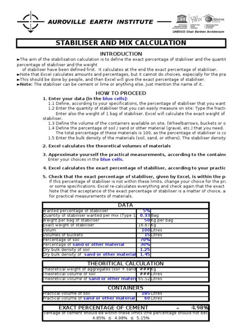 Stabiliser Mix Calculation Guide Pdf Density Soil