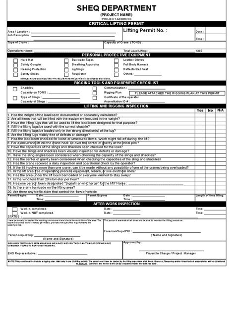 Lifting Permit Pdf Personal Protective Equipment Safety