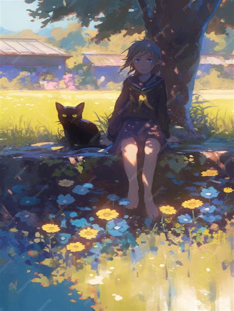 Anime Girl Sitting On A Tree With A Cat In The Background Generative Ai