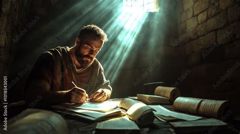 Apostle Paul Writing Letter In Dimly Lit Prison Cell Surrounded By