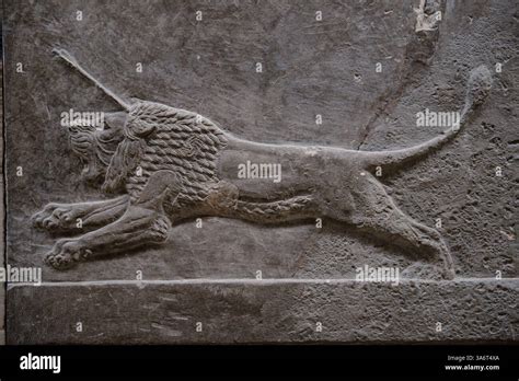 Assyrian Bas Relief Sculpture Panel Depicting A Dying Lion With Arrows