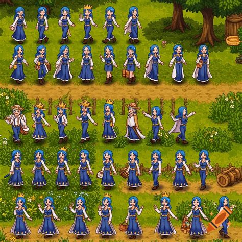 Pixel Art Character Sprite Sheet Featuring A Blue Haired Woman In Various Poses Stardew Valley