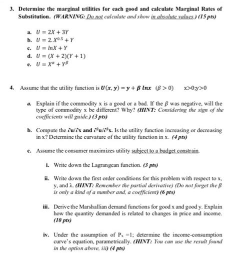 Solved 3 Determine The Marginal Utilities For Each Good And