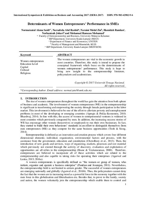 Pdf Determinants Of Women Entrepreneurs Performance In Smes