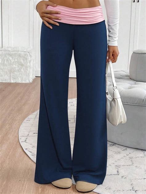 Tween Girls Casual Contrast Foldover Waist Wide Leg Sweatpants Spring