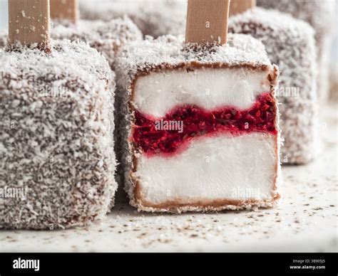 Homemade Raw Lamington Ice Cream Pops On Light Background Australian