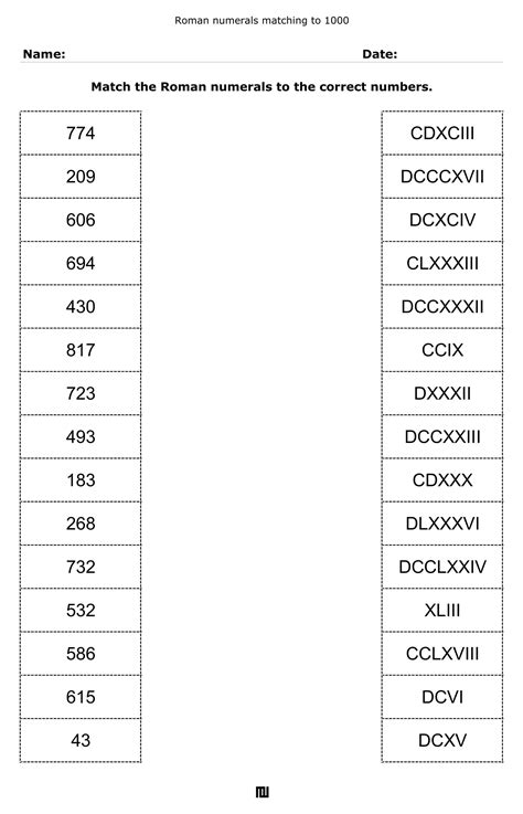 Roman Numerals Matching To 1000 Match The Numbers 1 To 1000 Roman