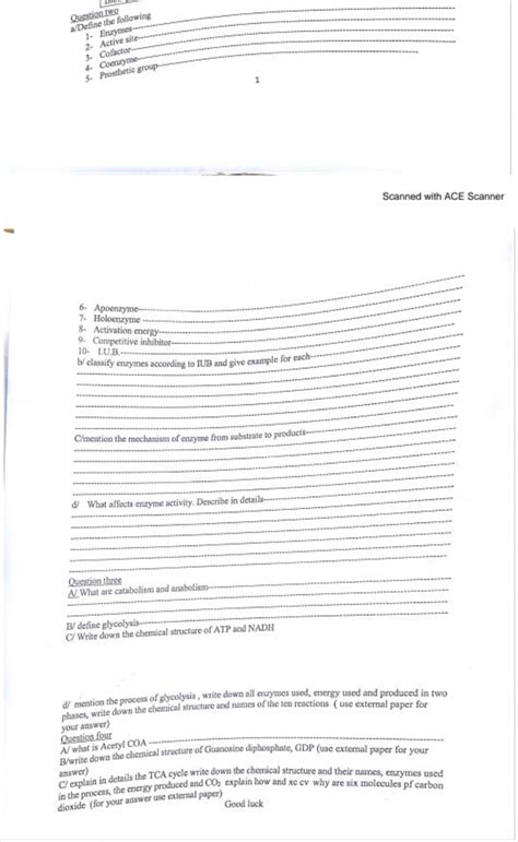 Question Two A Define The Following Enzymes Active Site Cofactor Coenzy