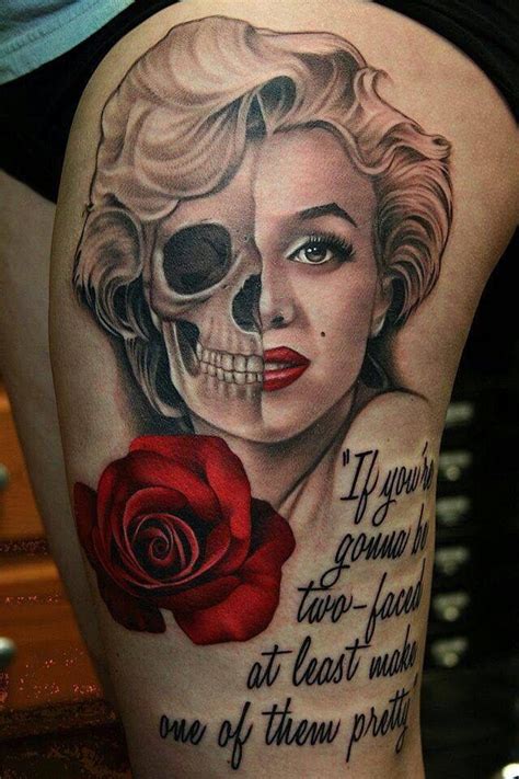 Half Face Of Marilyn Monroe And Half Face Of Skeleton Tattoo Art On Leg Marilyn Monroe Tattoo