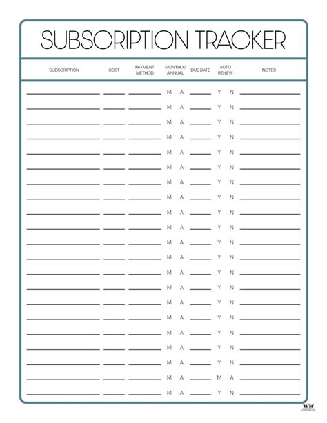 Subscription Trackers 12 Free Printables Printabulk