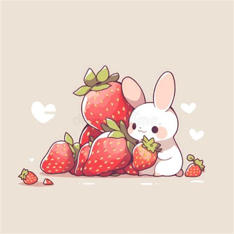 White Rabbit Eat Strawberry Chibi Cartoon Style Isolated Plain