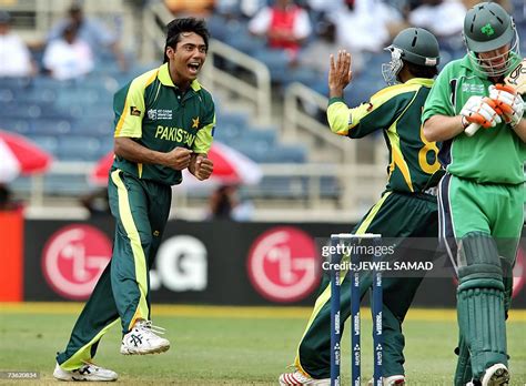 Pakistani Cricketer Mohammad Sami Celebrates Dismissing Irish Batsman