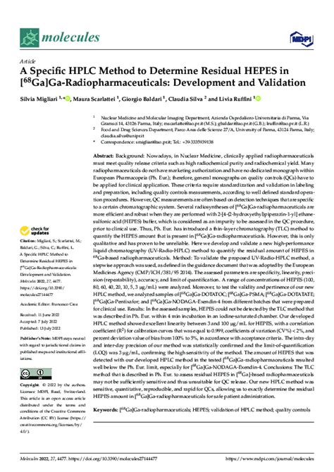 Pdf A Specific Hplc Method To Determine Residual Hepes In 68ga Ga
