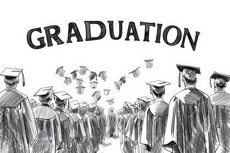 Monochrome Sketch Of Graduates Lined Up With Graduation Text Overhead