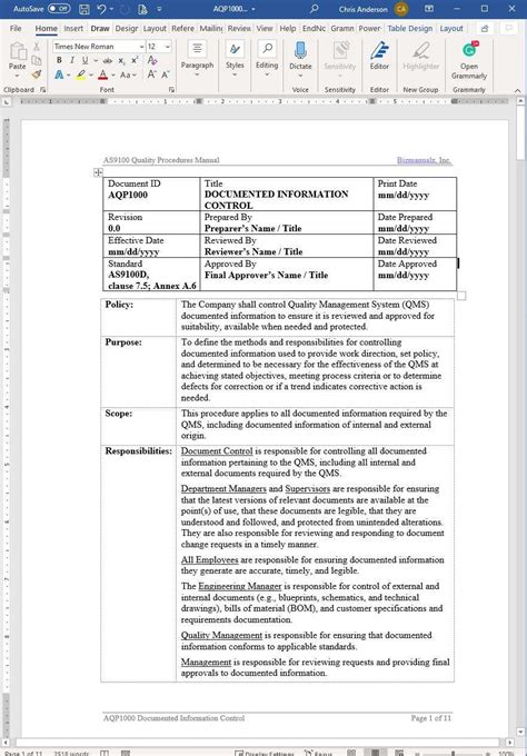 As9100 D Aerospace Document Information Control Procedure Template Word