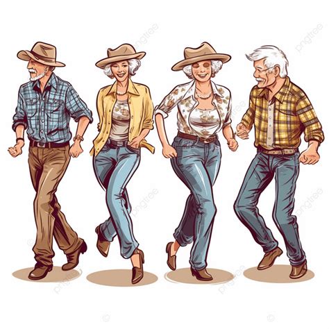 Four Elderly People Are Dancing In Jeans And Hats Senior Couple