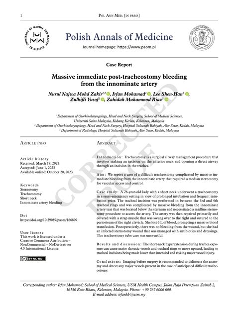 Pdf Massive Immediate Post Tracheostomy Bleeding From The Innominate Artery