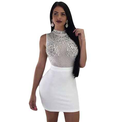 Buy New Sexy Rhinestones Diamonds Sparkly Dresses Women Turtleneck Sleeveless