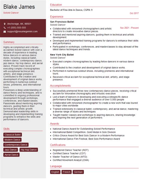Soloist Dancer Resume Template Resumegemini Online Resume Builder