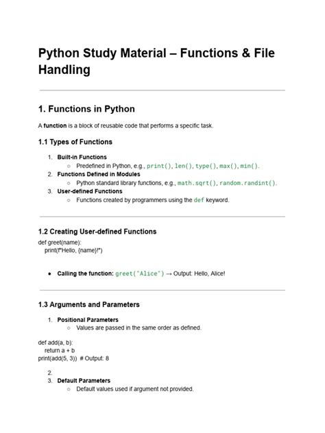 Python Study Material Functions And File Handling Pdf Parameter