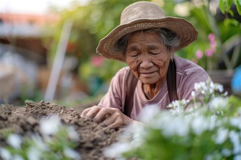 Premium Photo Senior Woman Fertilizing Soil For Garden Promoting