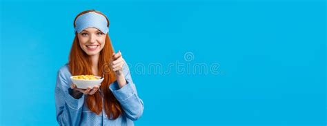 Wanna Bite Cute Feminine Young Redhead Girl In Glamour Nightwear Sleep Mask Prepare Breakfast