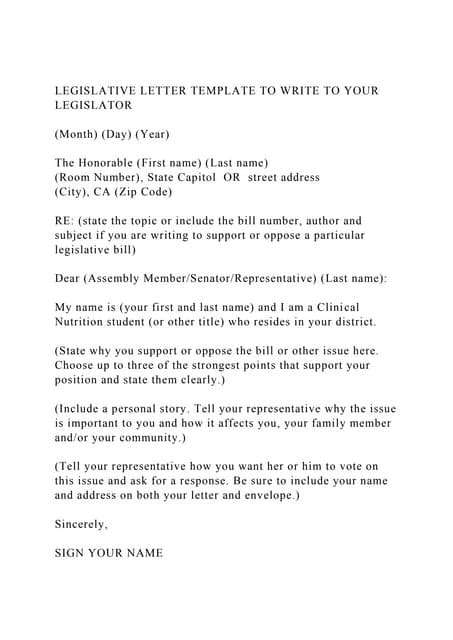 Legislative Letter Template To Write To Your Legislator Month Docx