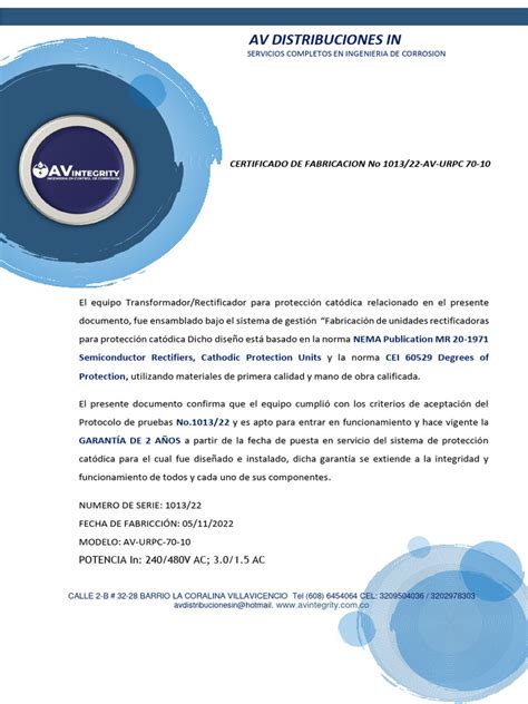 Certificado De Fabricación Urpc 70 10 Pdf Hogar Jardinería Y