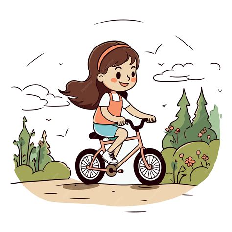 Premium Vector Girl Riding A Bicycle In The Park Cute Cartoon Vector