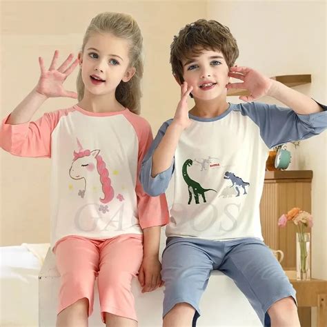 유아 소년 옷 만화 공룡 유니콘 잠옷 세트 여름 십대 면 잠옷 어린이 반팔 잠옷파자마 세트 Aliexpress