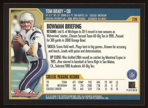 Tom Brady 2000 Bowman Rookie Card 236 Auction Of Champions