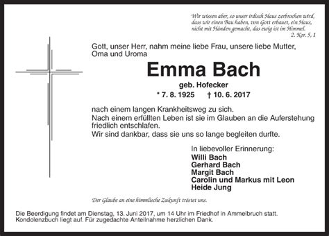 Traueranzeigen Von Emma Bach Trauerflzde