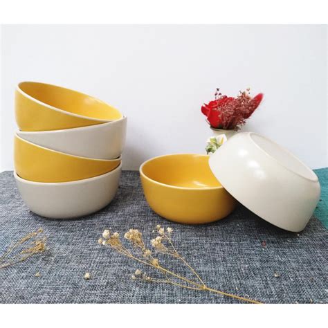 Qkd 🎁ready Stock🎁 Simple Yellow And Grey Ceramic Bowl Rice Bowl Soup Bowl For Kitchenware