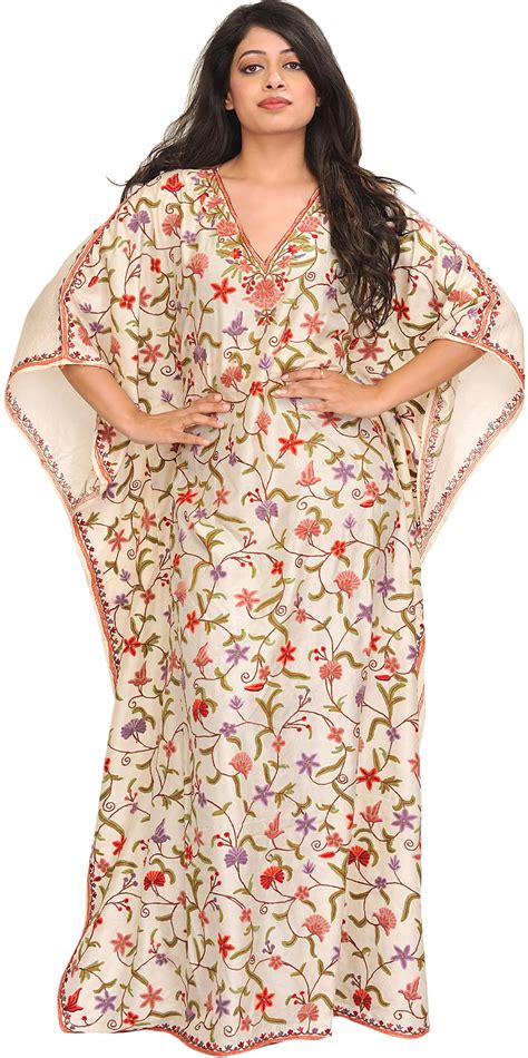 Cream Floral Hand Embroidered Kaftan From Kashmir Exotic India Art