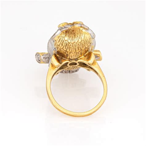 C1975 Vintage Owl Ring 18k Yellow Gold Diamond Emerald Eyes Fine
