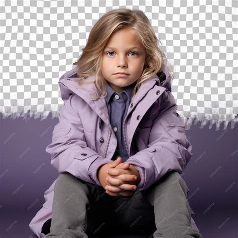 스칸디나비아 민족의 긴 머리카락을 가진 감사하는 유치원 소년은 기상학자 의상을 입고 파스텔 라벤더 배경에 십자 다리를 가진 앉은 자세로 포즈를 취합니다 프리미엄 Ai